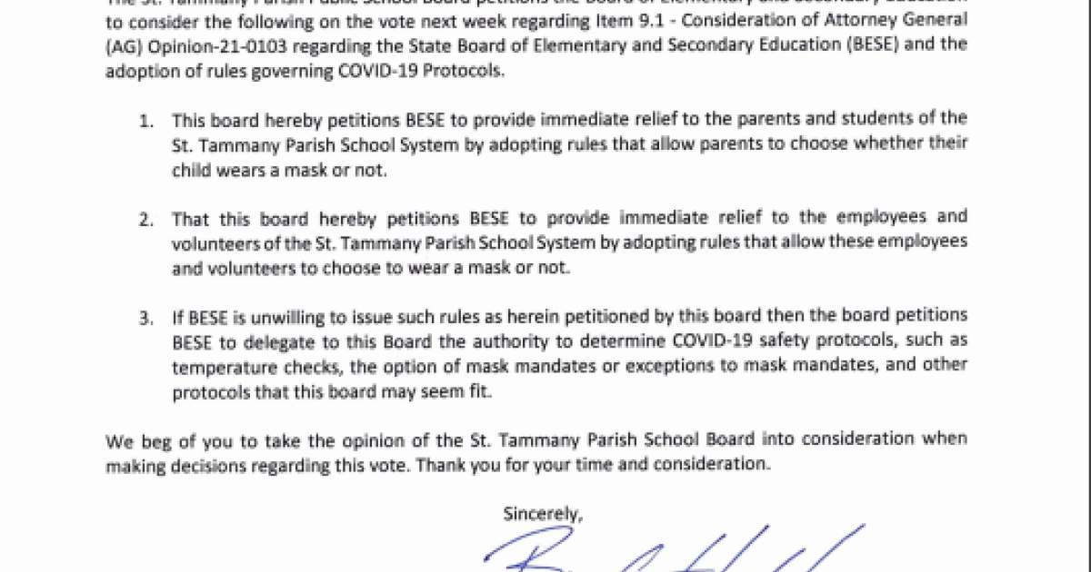 Addressing the Letter from the STPSB to BESE Regarding the Mask Mandate ...